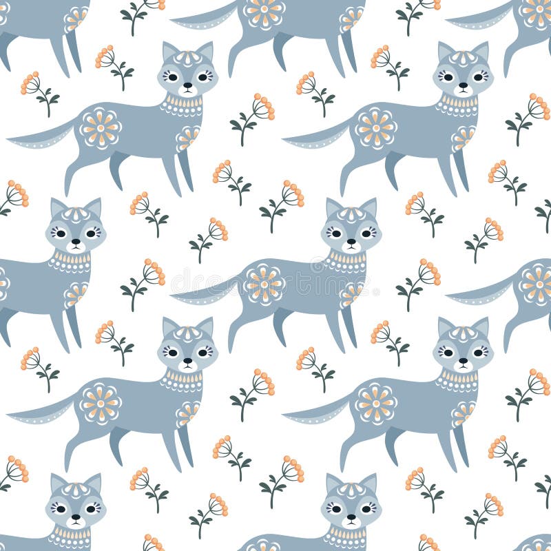 Seamless Pattern In Folk Style With Wolf Stock Vector - Illustration of ...
