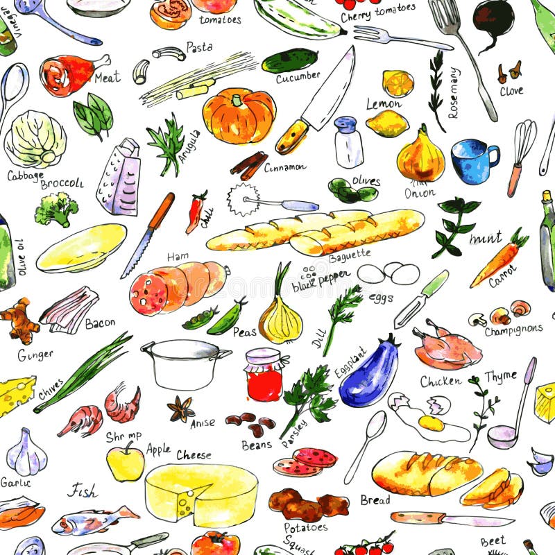 Seamless Pattern with Foods Stock Vector - Illustration of graphic ...