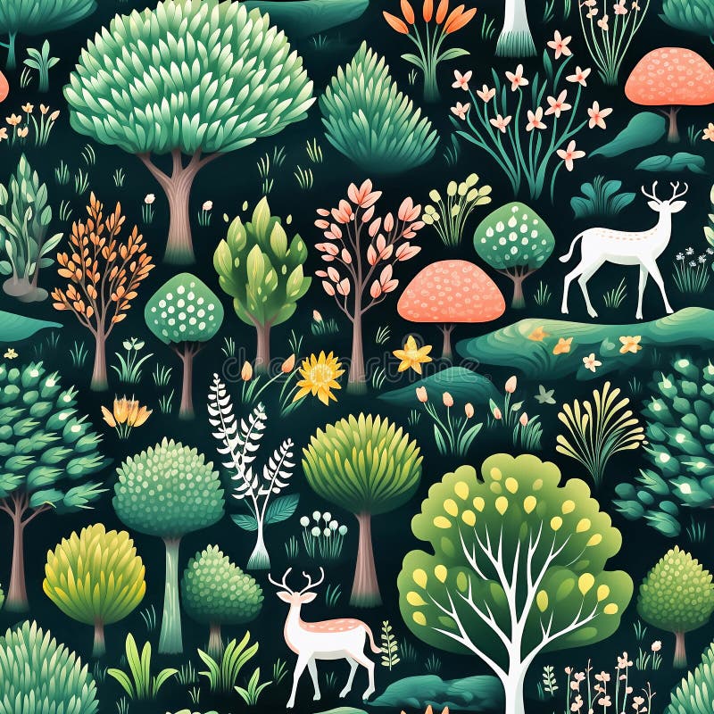 Seamless Pattern with Forest and Deers in Cartoon Style. Green Nature ...