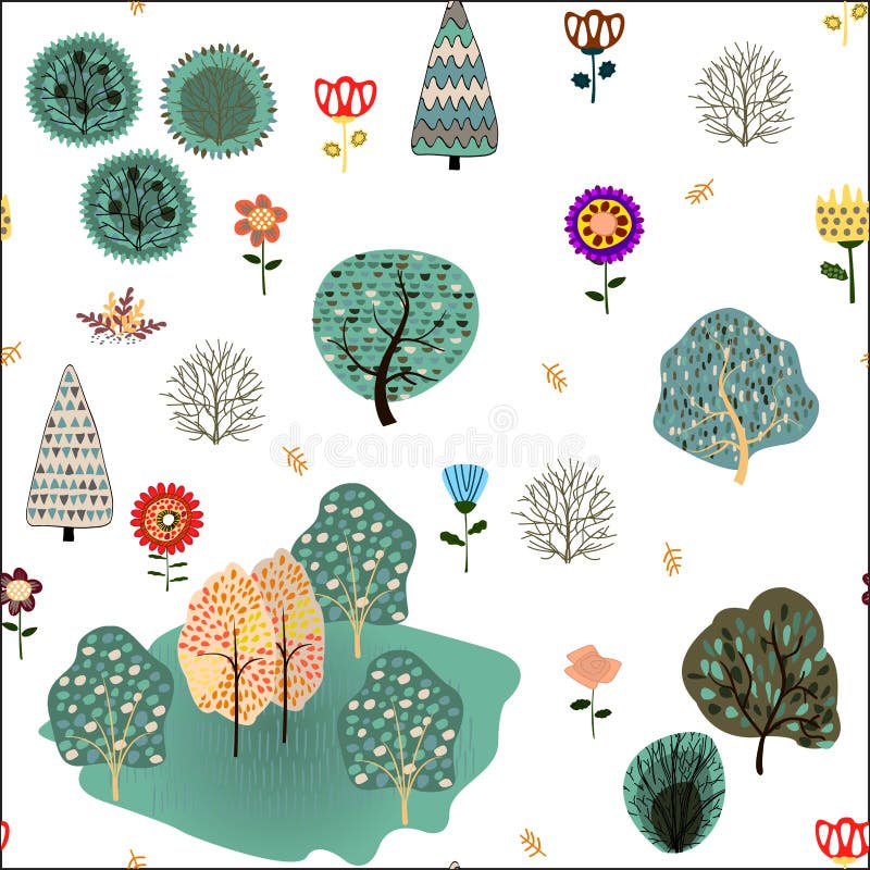Seamless Pattern with Forest Elements and Hand Drawn Shapes. Childish ...