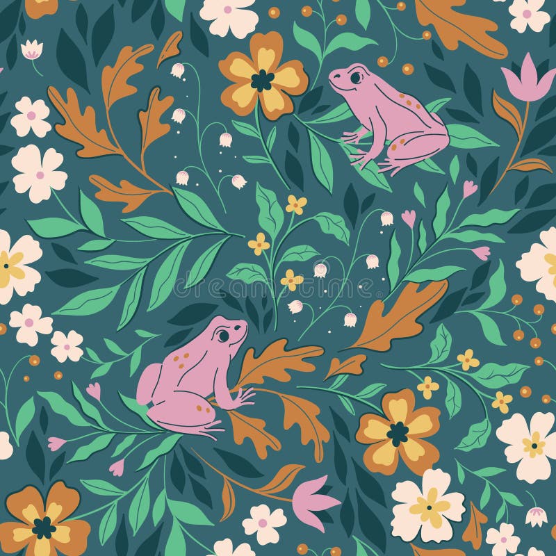 Seamless Pattern with Forest Pink Tree Frogs, Leaves and Flowers ...