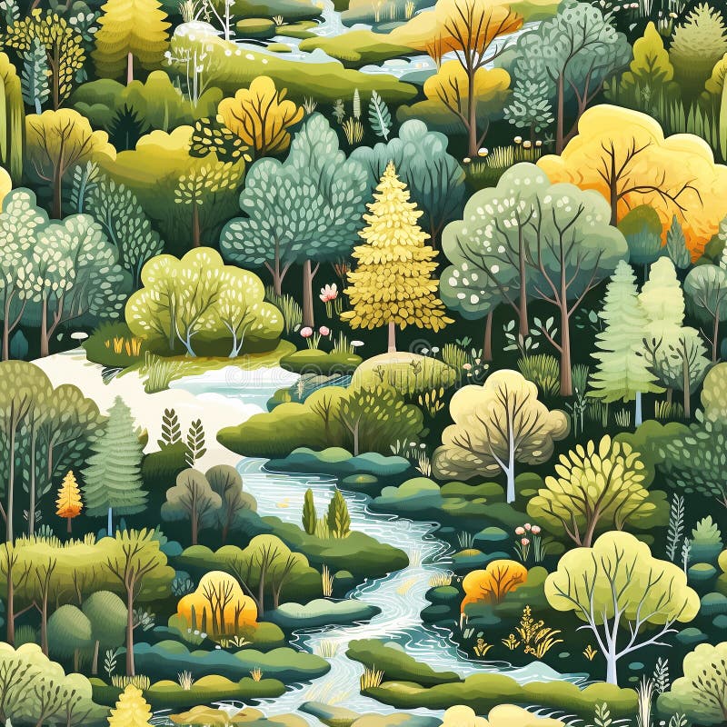 Seamless Pattern with Forest and River. Green Nature Textile Fabric ...