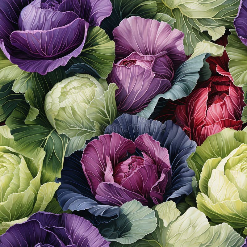 Seamless Pattern with Forks of Cabbage in Variety of Colours Stock ...