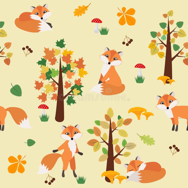 Seamless Pattern with Fox in the Autumn Forest. Stock Vector ...