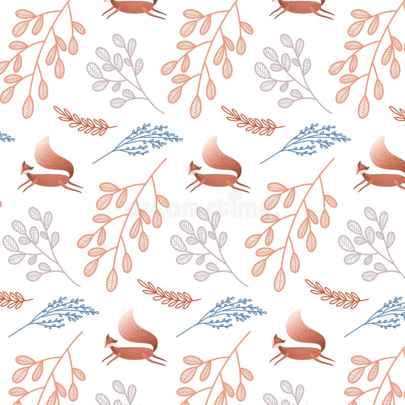 Seamless Pattern with Fox and Flowers. Cute Foxes and Berries on White ...