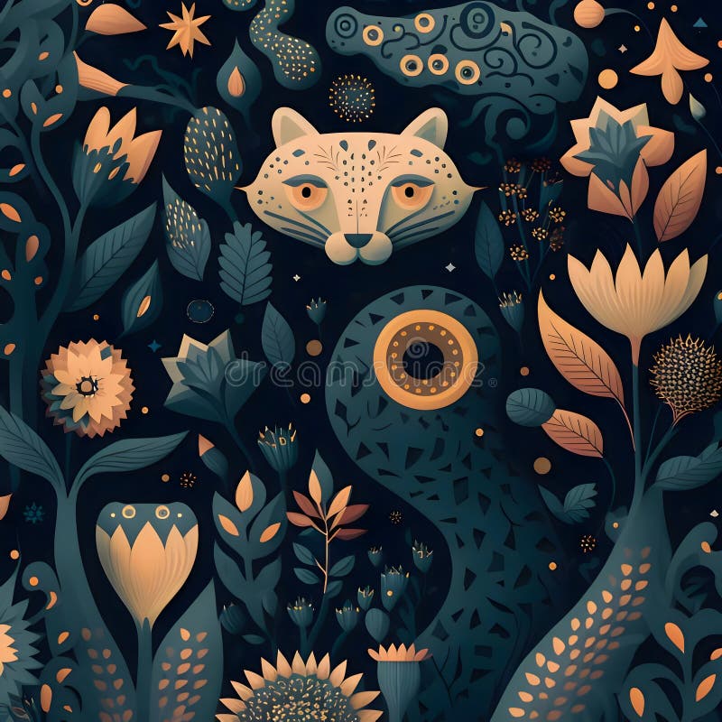 Seamless Pattern with Fox, Flowers and Leaves. Vector Illustration ...