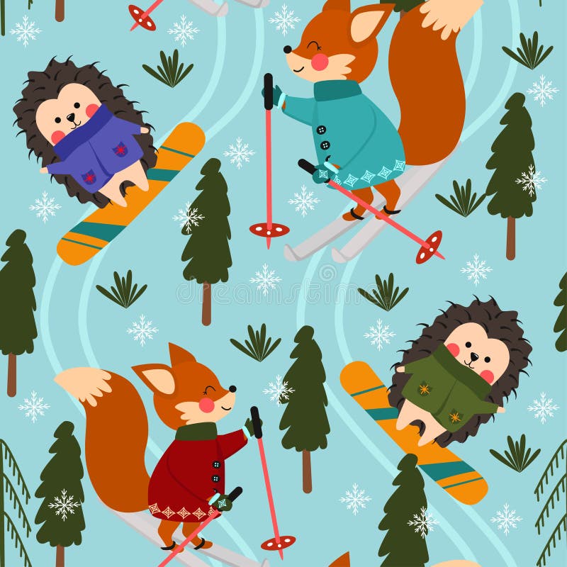 Winter Seamless Pattern with Fox Skiing and Hedgehog on a Snowboard ...