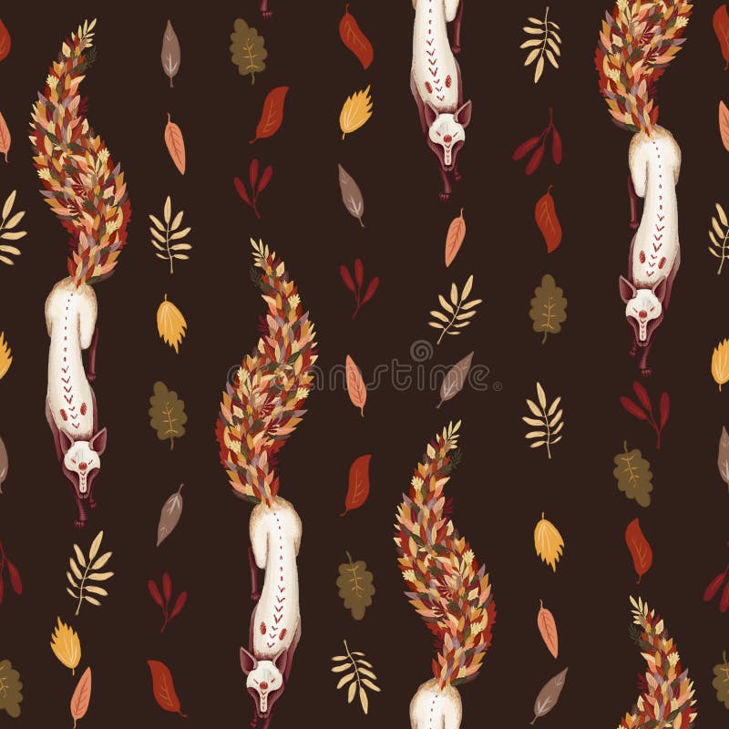 Seamless Pattern. Fox with the Tail of Fallen Autumn Leaves. Leaf Fall ...