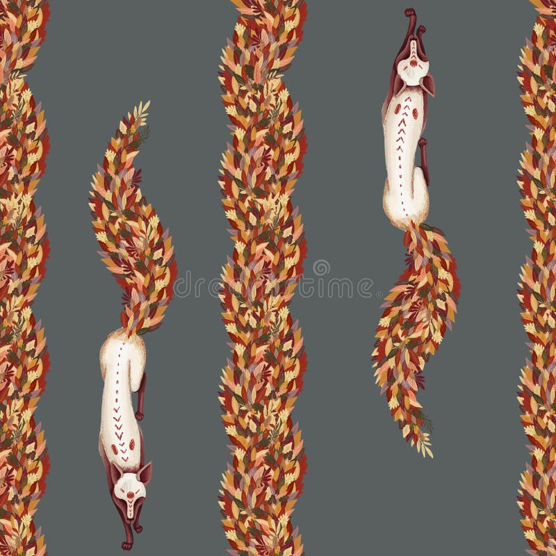 Seamless Pattern. Fox with the Tail of Fallen Autumn Leaves. Leaf Fall ...