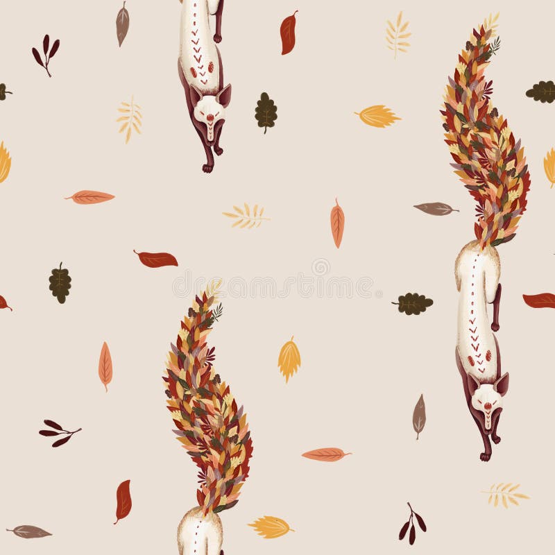 Seamless Pattern. Fox with the Tail of Fallen Autumn Leaves. Leaf Fall ...