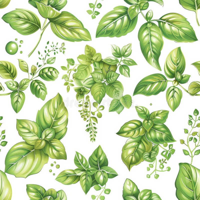 Seamless Pattern, Fresh Green Basil Leaves, Culinary Herbs, Botanical ...