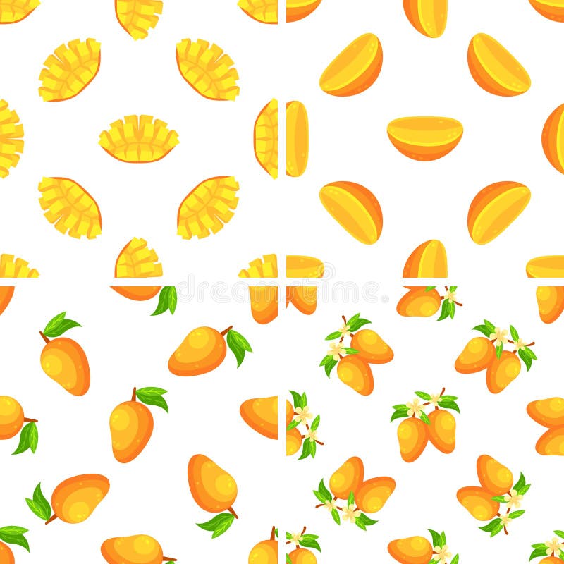 Seamless Pattern with Fresh Mango Fruit, Slices, Flowers and Leaves ...
