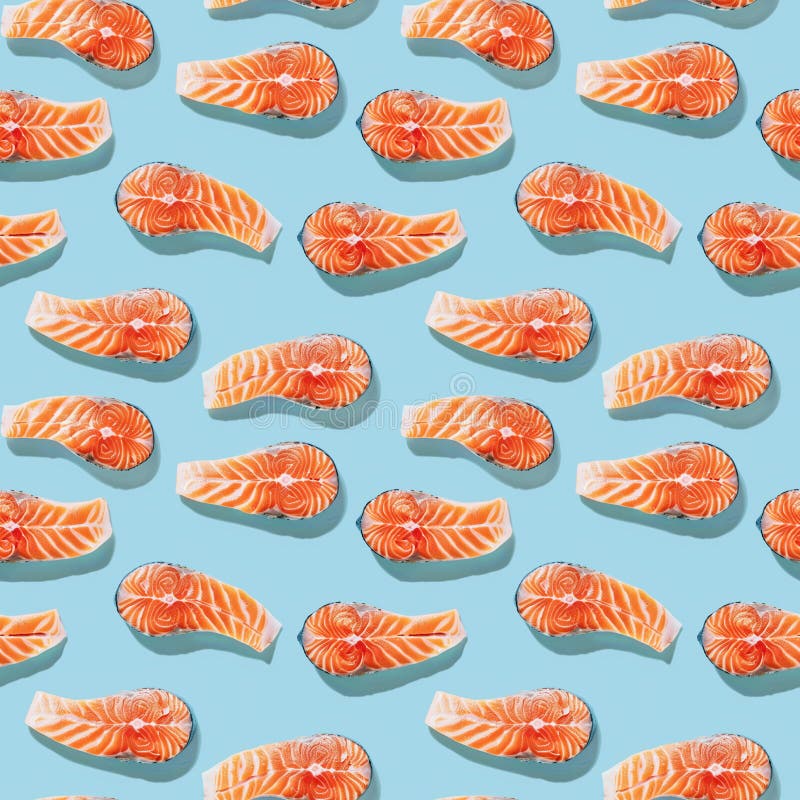 Seamless Pattern with Salmon Steaks on Blue Background. Stock ...