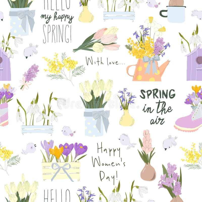 Seamless Pattern with Fresh Spring Flowers Bouquets and Birds Stock ...