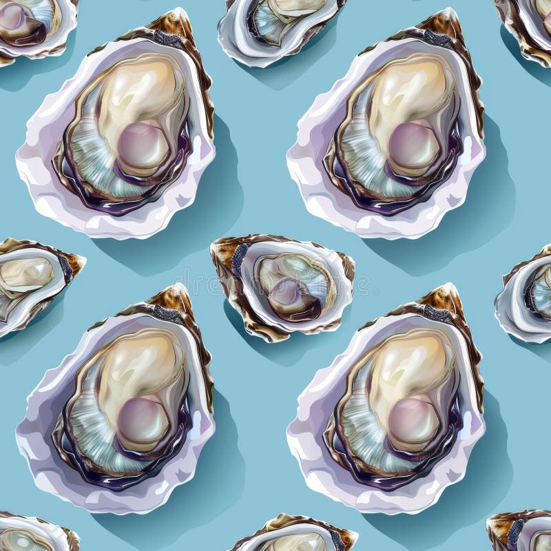 Seamless Pattern of Fresh, Whole Oysters on Blue Background, Seafood ...