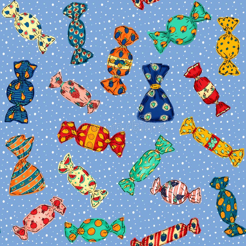 Seamless Pattern of Fruit Candy with Bright Wrapping for Fabric, Gifts ...