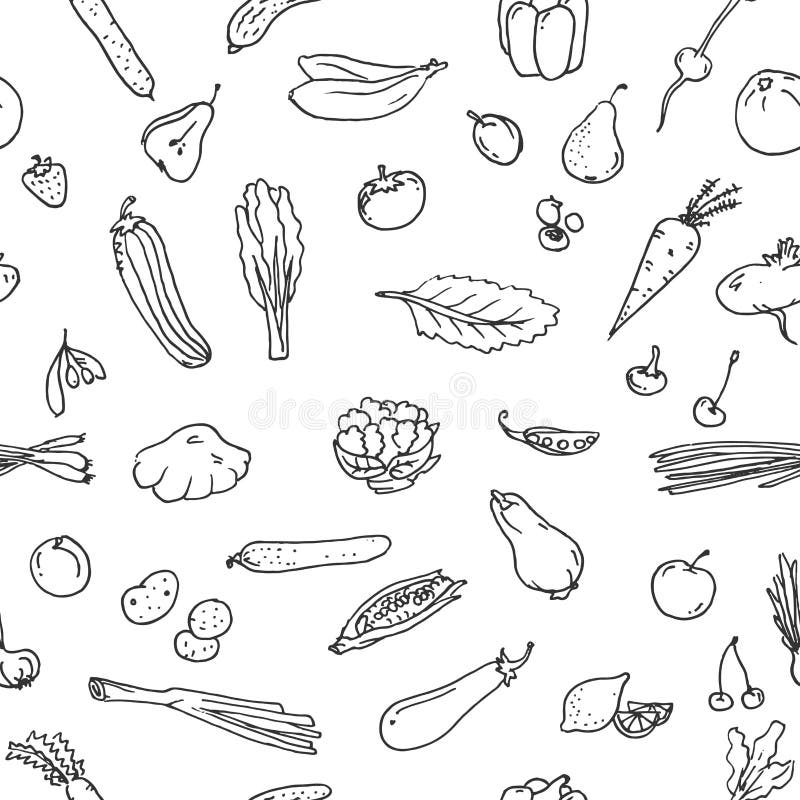 Seamless Pattern Fruits and Vegetables. Sketch Set Stock Vector ...