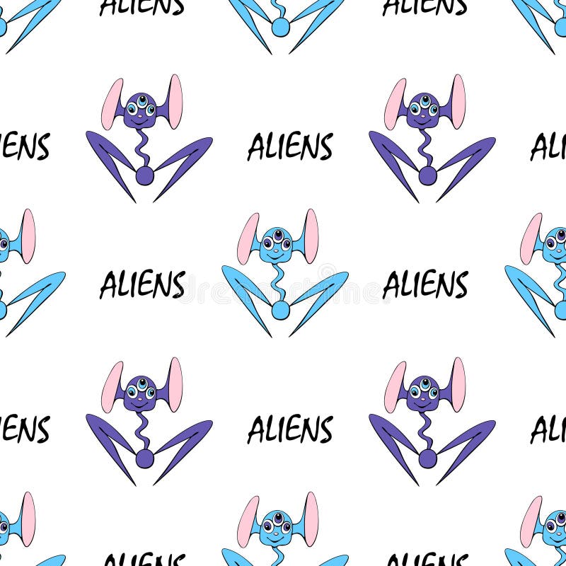 Seamless Pattern with Funny Aliens, Inscriptions in Doodle Flat Style ...