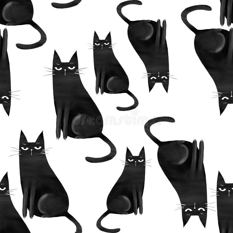 Seamless Pattern with Funny Black Cats, Drawn Elements in Doodle Style ...