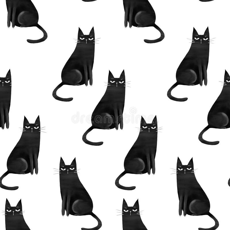 Seamless Pattern with Funny Black Cats, Drawn Elements in Doodle Style ...
