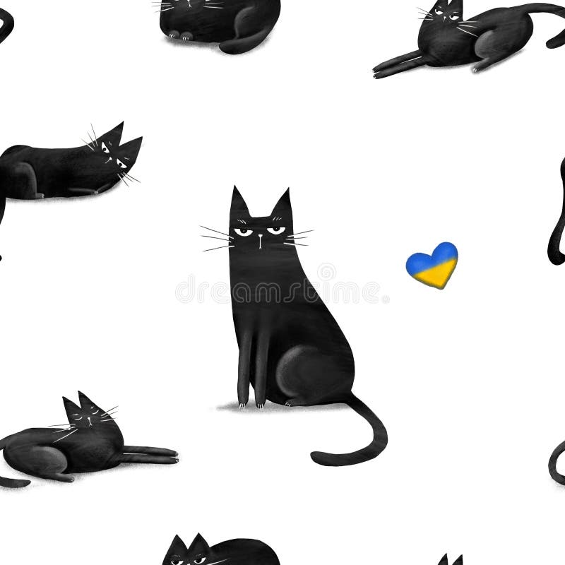 Seamless Pattern with Funny Black Cats, Drawn Elements in Doodle Style ...