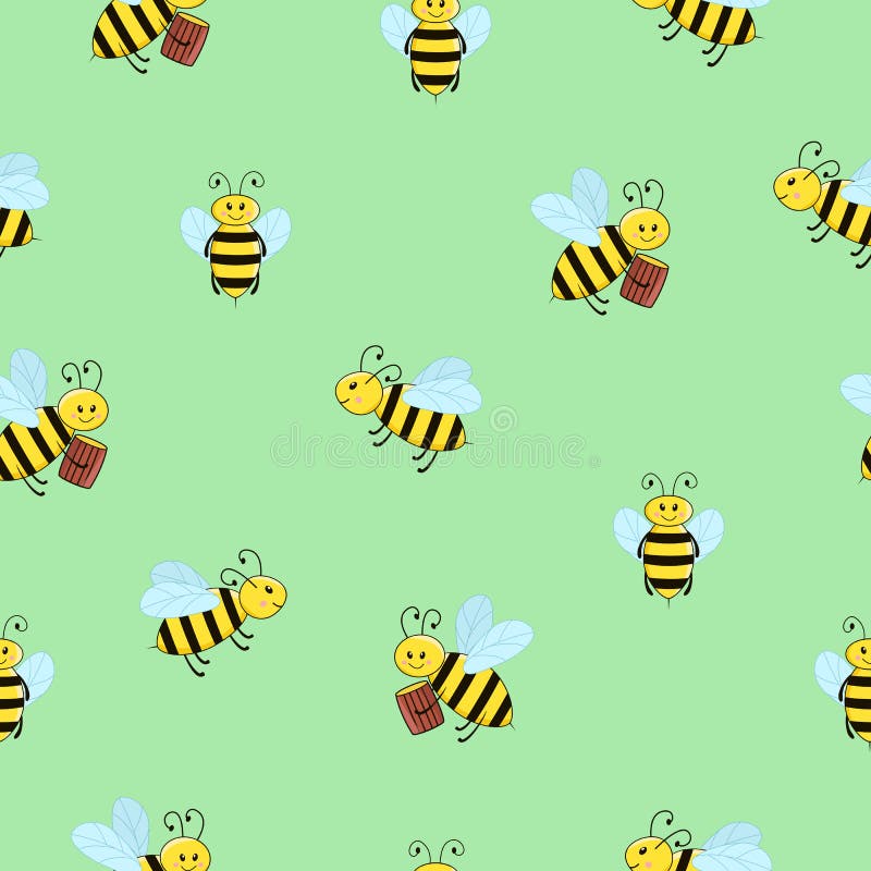 Seamless Pattern of Funny Cartoon Bees on a Green Background Stock ...