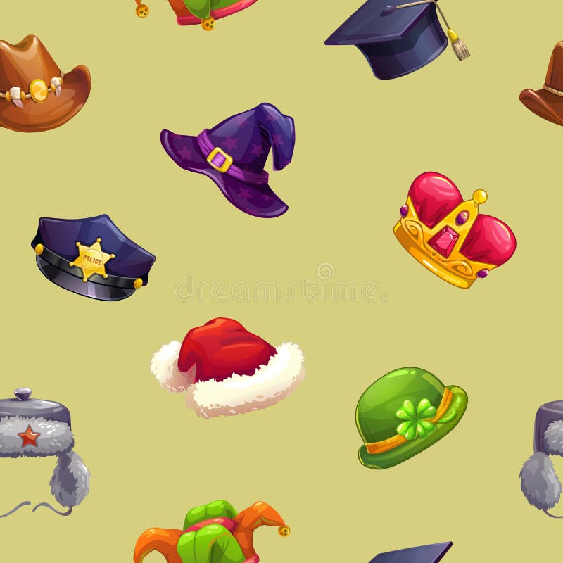 Seamless Pattern with Funny Cartoon Hats. Stock Vector - Illustration ...