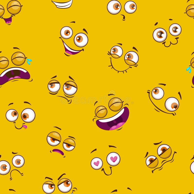 Seamless Pattern with Funny Comic Faces on Yellow Background. Stock ...