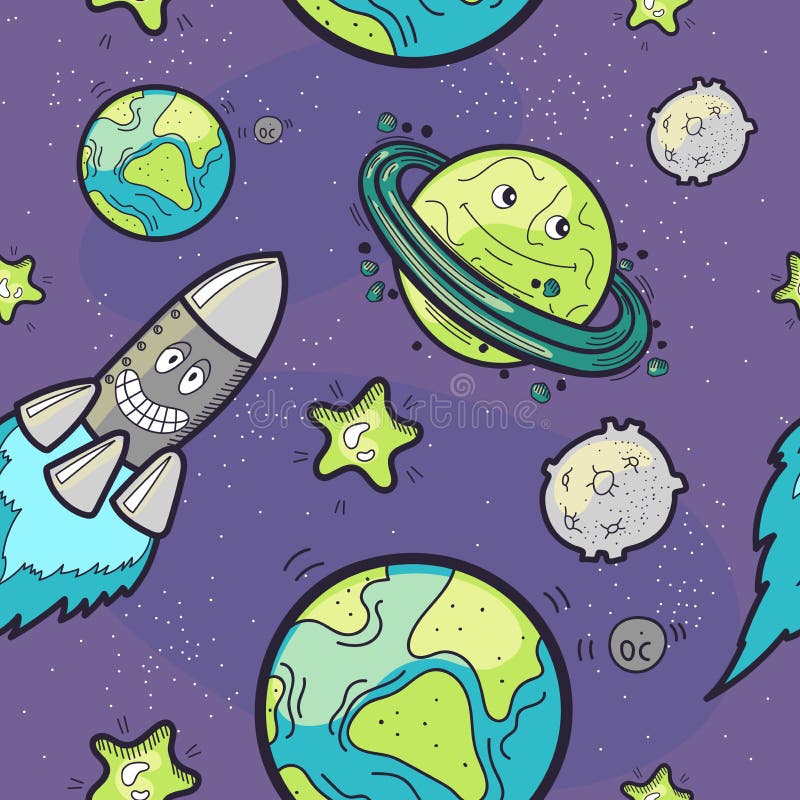 Seamless Pattern Funny Cosmos Stock Vector - Illustration of drawn ...