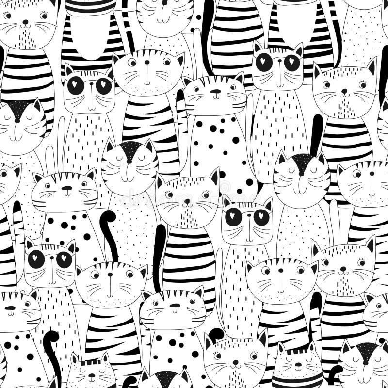 Seamless Pattern with Doodle Cats Stock Vector - Illustration of black ...