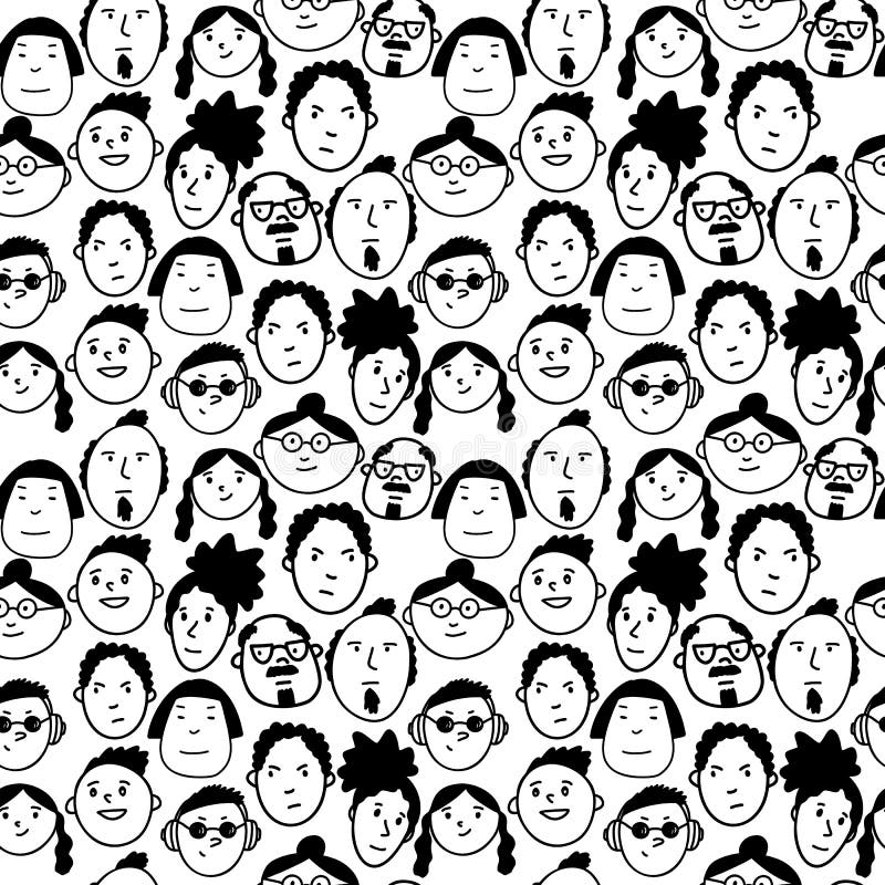 Seamless Pattern with Funny Doodle Diverse People Faces. Cute Simple ...
