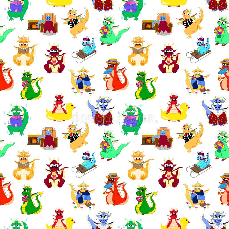 Seamless Pattern with Funny Fantasy Characters Dragons Stock Vector ...