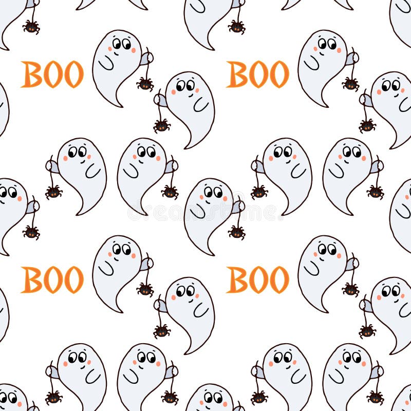 Seamless Pattern Funny Ghost Characters with Spiders Stock Illustration ...