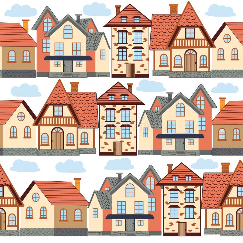 Seamless Pattern of Funny Houses. Densely Populated City. Stock Vector ...