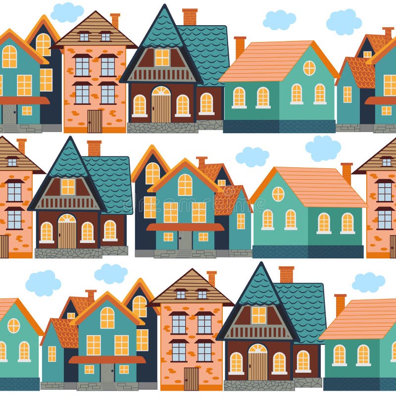 Seamless Pattern of Funny Houses. Densely Populated City. Stock ...