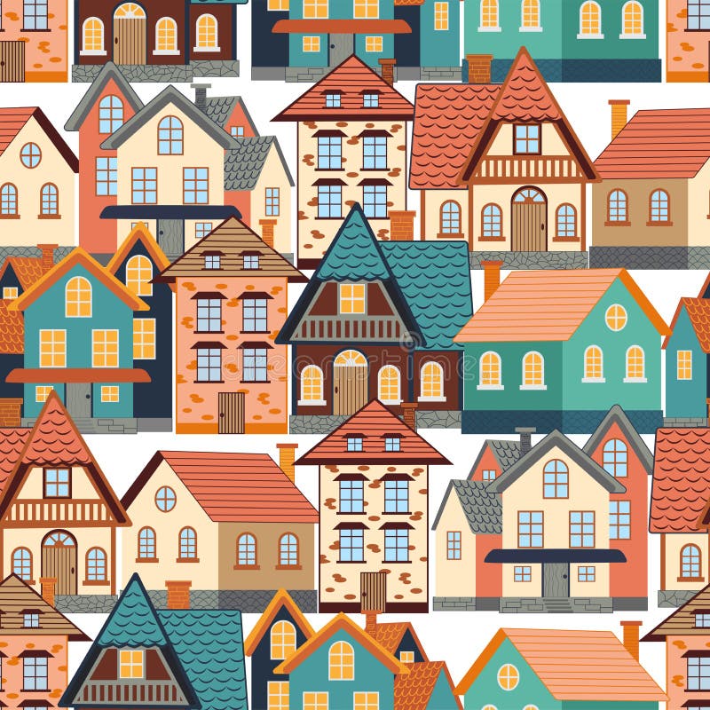 Seamless Pattern of Funny Houses. Densely Populated City. Stock ...