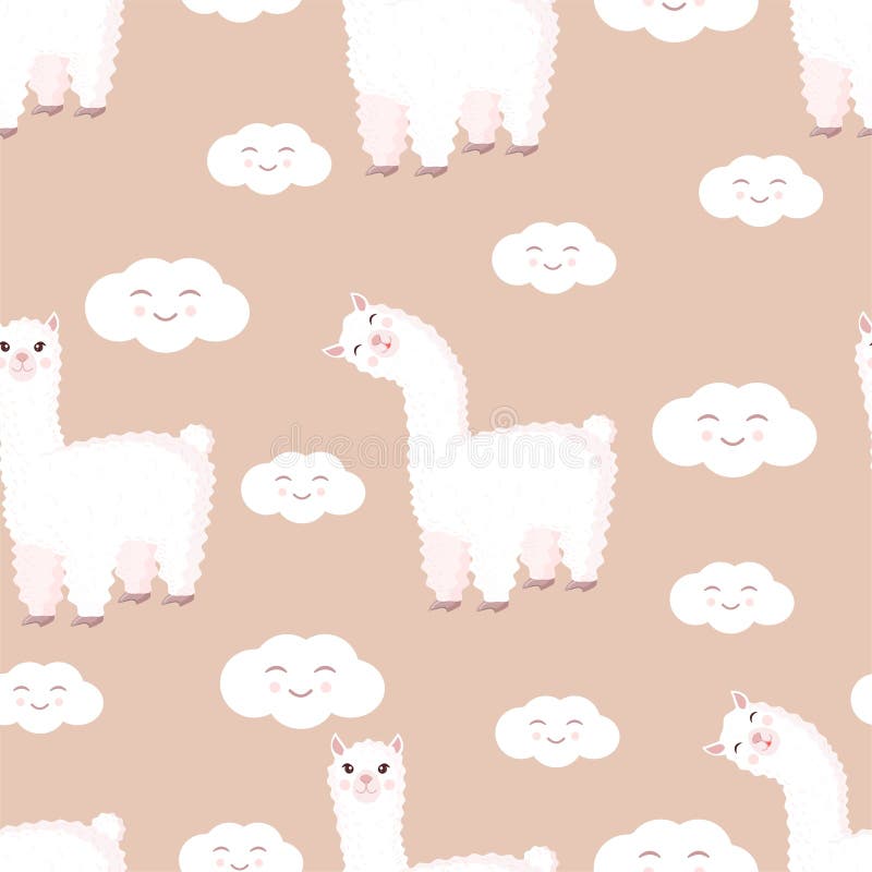 Seamless Pattern with Funny Llama and Clouds on Pastel Brown Background. Vector Illustration ...