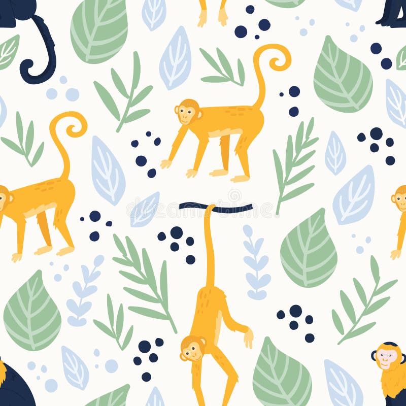 Seamless Pattern with Funny Monkeys in Different Poses on the Yellow ...