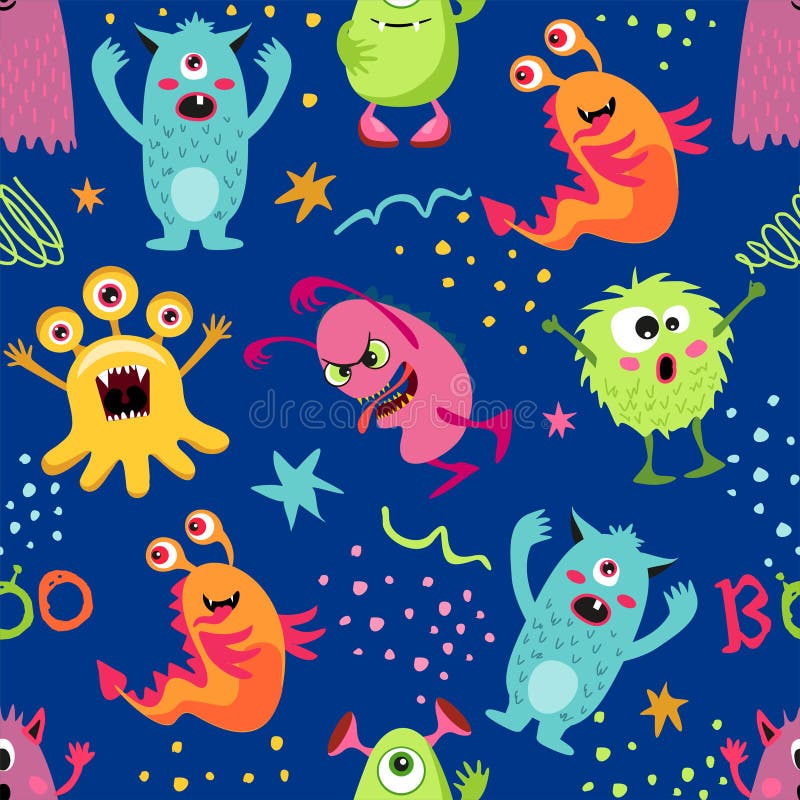 Seamless Pattern with Funny Monsters. Cute Cartoon Creatures on Dark ...