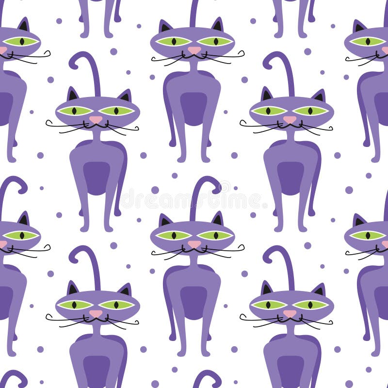 Seamless Pattern, Funny Purple Cats on a White Background with Dots ...