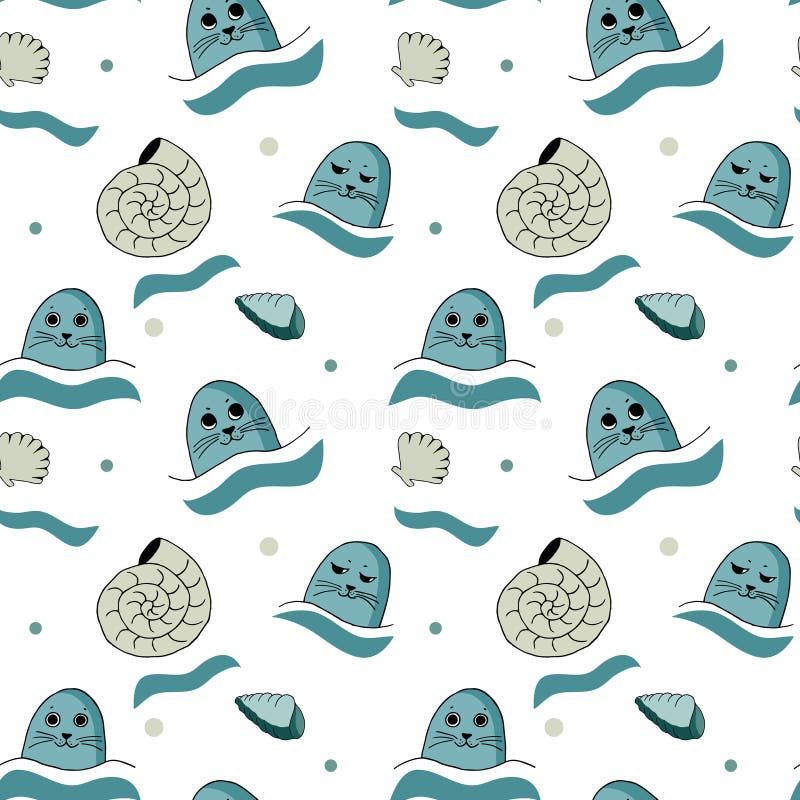 Seamless Pattern with Fur Seals and Shells on a Background of the Sea ...