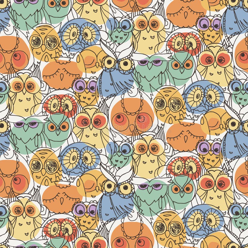 Seamless Pattern with Furry Doodle Owls. Stock Vector - Illustration of ...