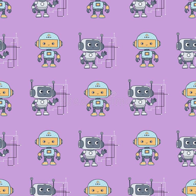 Seamless Pattern Futuristic Cute Little Robot on Purple Background ...