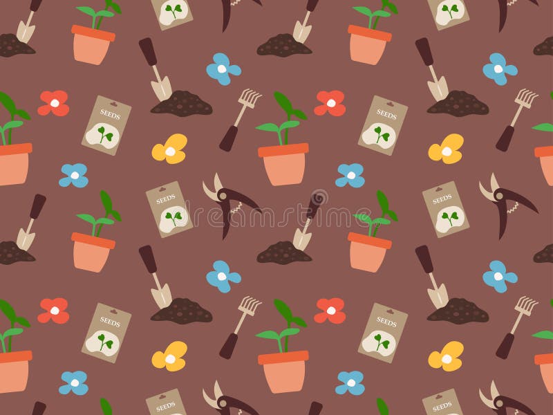 Seamless Pattern with Gardening Elements. Gardening Tools. Vector Illustration on a Brown ...