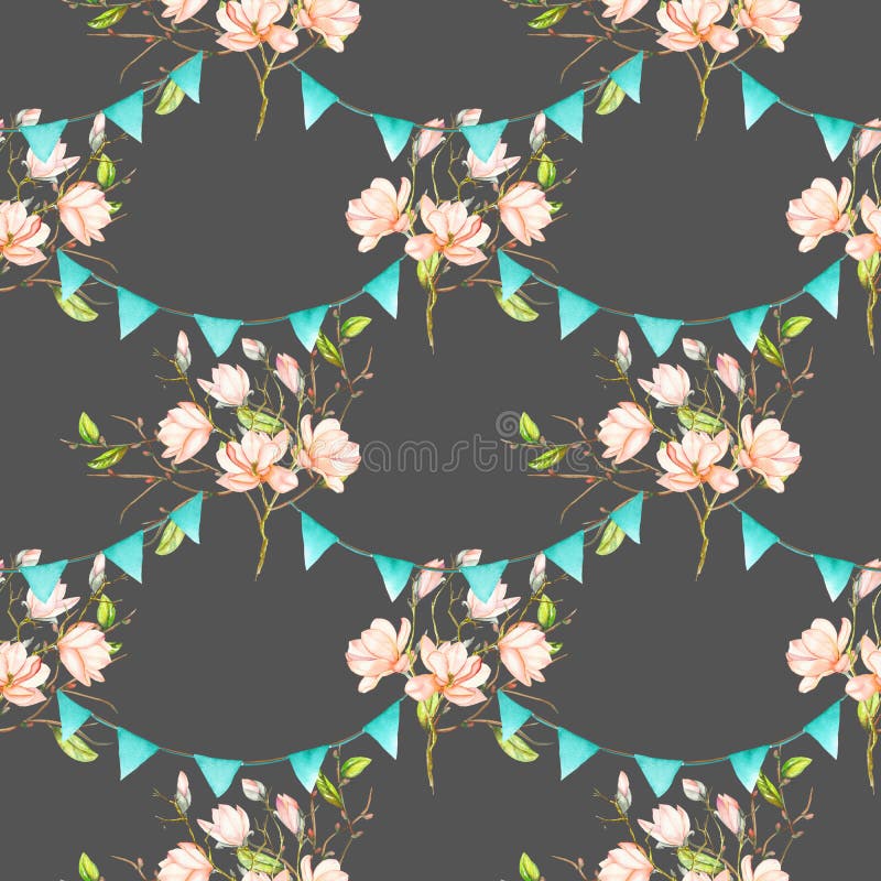 Seamless Pattern with Garlands of the Blue Flags on Spring Magnolia ...
