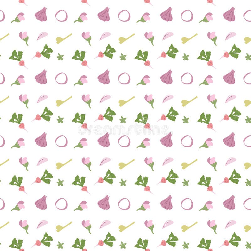 Seamless Pattern with Garlic Cloves and Basil Leaves on White ...