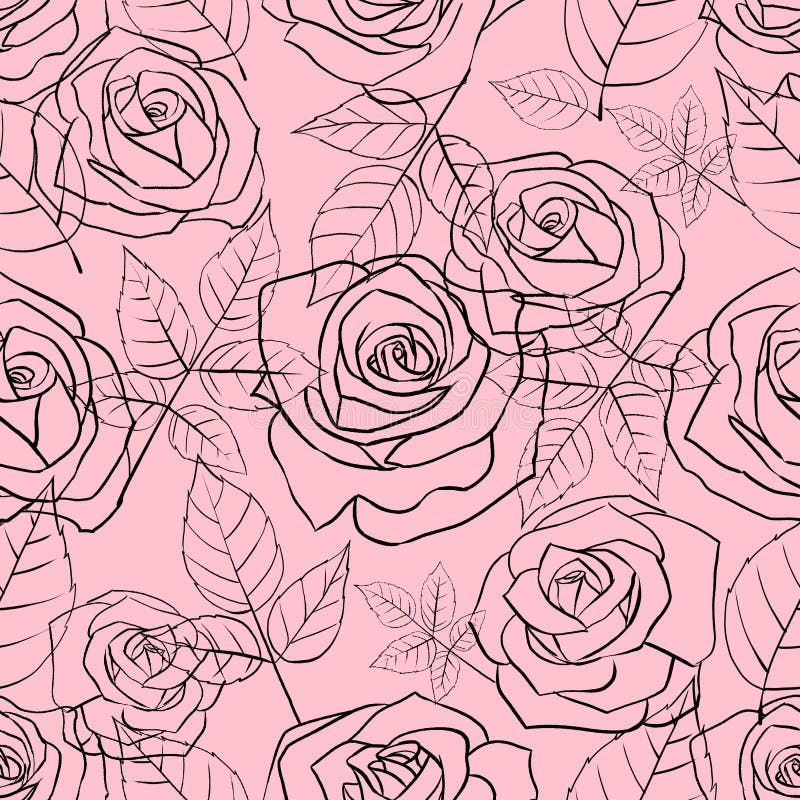 Seamless Pattern with Gentle Linear Roses and Leaves on a Pink ...