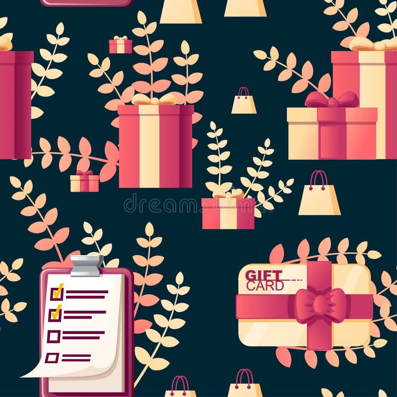 Seamless Pattern of Gift Boxes and Gift Card with Beige Leaves Flat ...