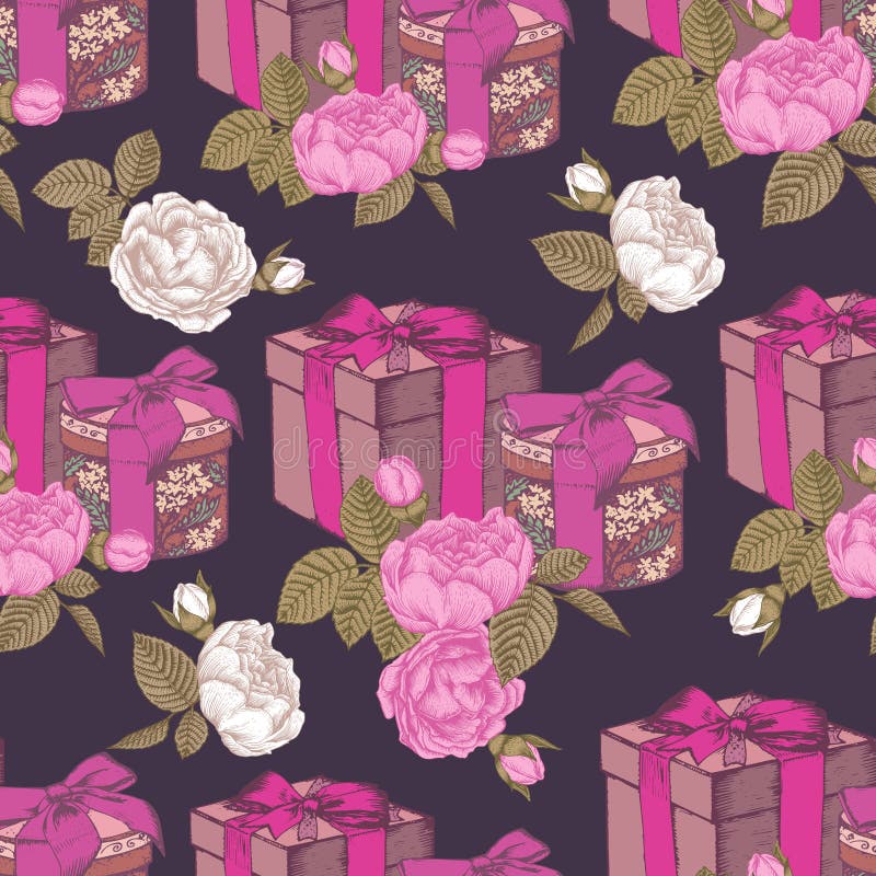 Seamless Pattern with Gift Boxes and Flowers Stock Illustration ...