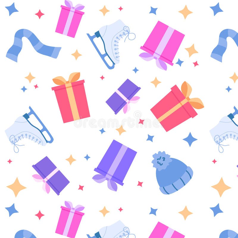 Seamless Pattern with Gift Boxes, Hats, Scarfs and Ice Skaters ...